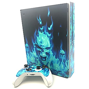 UUShop Protective Vinyl Skin Stickers for Microsoft Xbox One S with Two Free Wireless Controller Decals Blue Flame Fire Skull