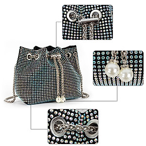 Hyuyikuwol Women Rhinestones Crystal Clutch Drawstring Bucket Bag Mini Evening Bags Crossbody Purses Pearl Party Prom Wedding, Blue