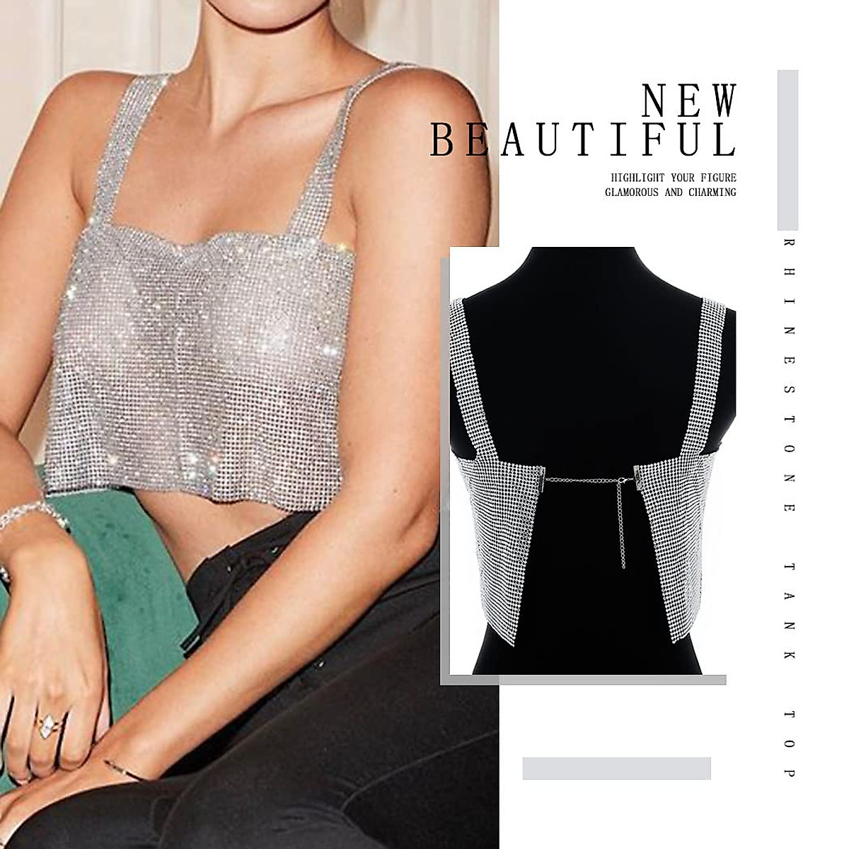 Uranian Rhinestone Tank Top Sexy Nightclub Body Chain Sparkle Crystal Harness Club Party Adjustable Body Jewelry for Women and Girls (Silver)