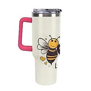 FHENMSA 40 Oz Insulated Coffee Mug Tumbler with Handle,Bee Love Honey Print Insulated Tumbler,Stainless Steel Travel Mug with Lid And Straw
