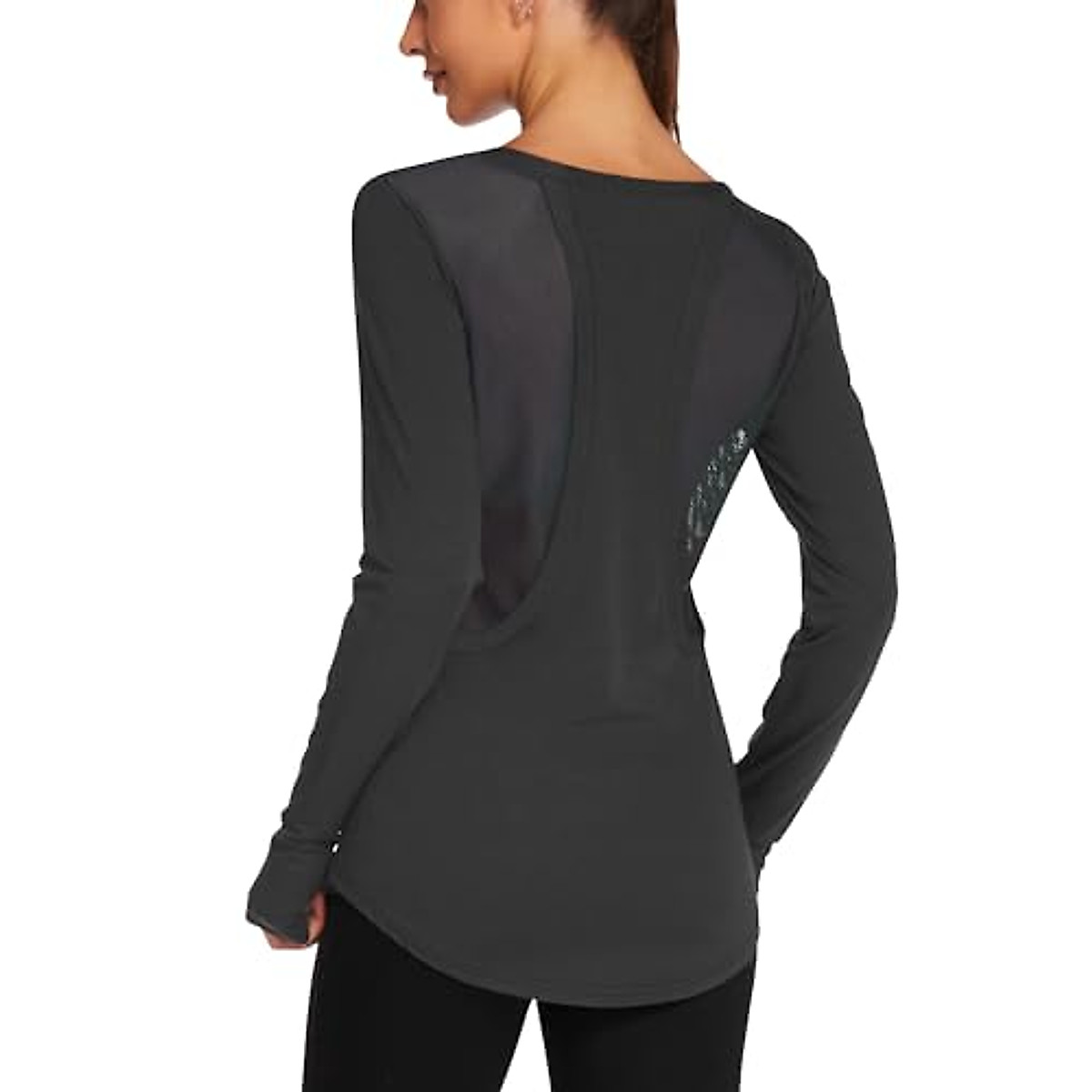 PINSPARK Long Sleeve Workout Tops for Women Yoga Shirts Moisture Wicking Gym Top Athletic Clothes with Thumbholes Black L