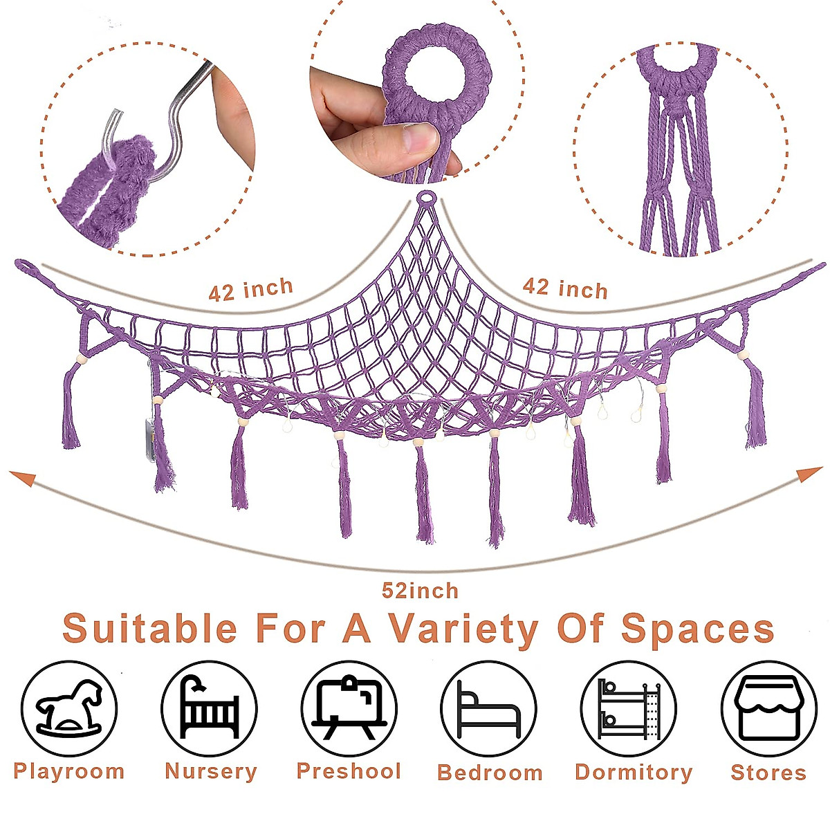KOHUIJOO Stuffed Animal Net or Hammock Macrame Toy Hammock for Stuffed Animals With Lights Plush Toy Storage Hammock Corner Hanging Mesh Net Boho Nursery Organizer for Kidroom Playroom Purple