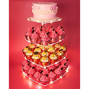 4 Tier Heart Cupcake Stand, 2023 New Acrylic Cupcake Holder with LED Light, Premium Cupcake Tower Dessert Tree Tower for Wedding Anniversary Birthday Party Decorations