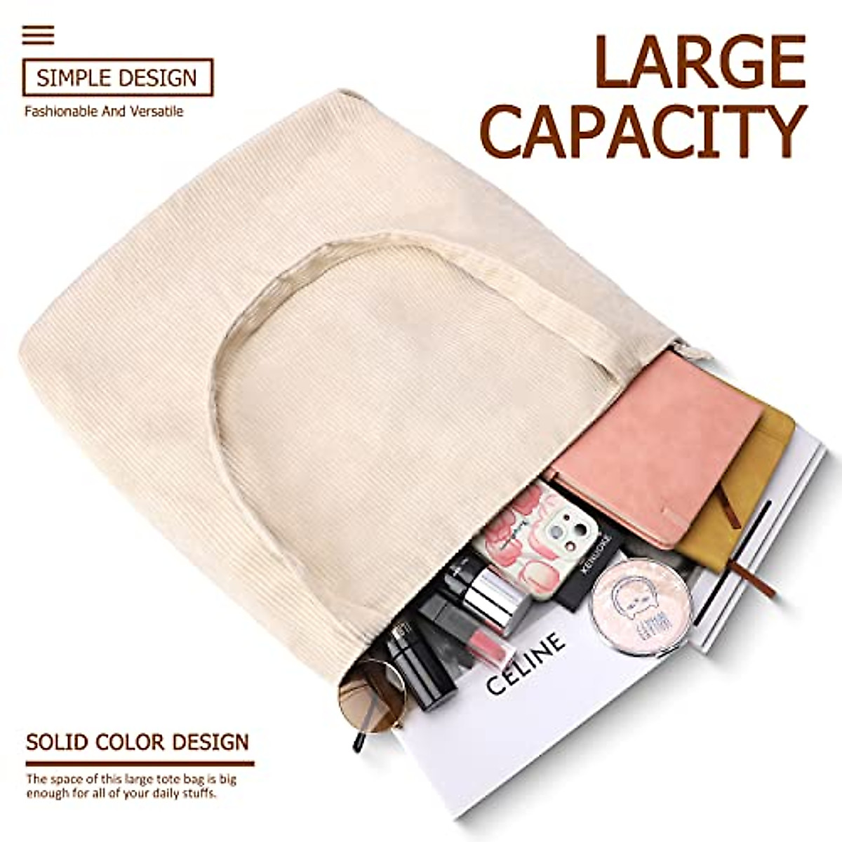 EIMMBD Corduroy Tote Bag for Women - Crossbody Bag Casual Tote Handbag Shoulder Boho Bag Large Tote Bag with Pockets for School Office Shopping Travel Work (Beige)