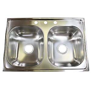 Westbrass S3348-26 Drop-In Stainless Steel 3-Hole 50/50 Double Bowl Kitchen Sink Set with Faucet in Polished Chrome (Strainers not included) 33" Polished Chrome