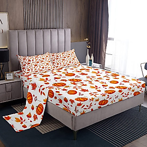 Happy Fall Fitted Sheet Halloween Autumn Pumpkin Bed Sheets Queen,Cute Fall Flowers Maple Leaf Bedding Set Thanksgiving Sheet Set Gifts For Kids Boys Girls Fall Home Bedroom Decor Flat Sheet 4 Pcs