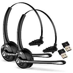 Delton 10X Trucker Bluetooth Headset, Wireless Headphones w/Microphone, Over The Head Single Earpiece with Mic for Skype, Call Centers, Truck Drivers - 18Hrs (with USB Dongle) (2-Pack)
