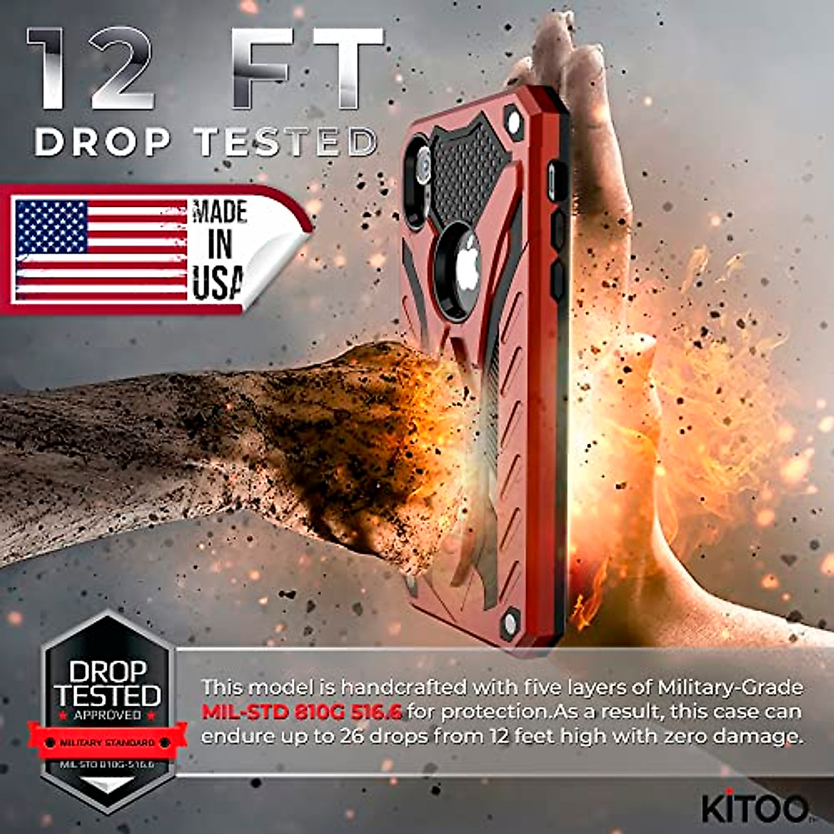 Kitoo Made in USA Defender Designed for iPhone XR Eco-Friendly Case with Kickstand, Military Grade Shockproof 12ft. Drop Tested - Blue