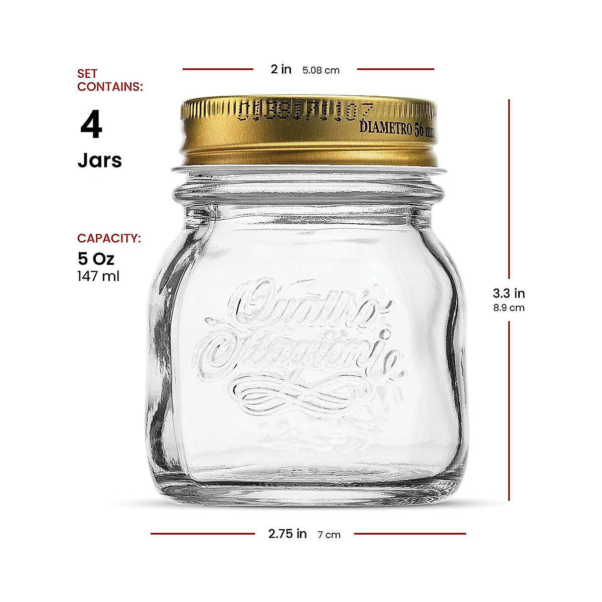 Bormioli Rocco Quattro Stagioni set of 4 Clear Airtight Mason Jars, 5 Oz. Made from BPA Free Durable Glass, Made In Italy.