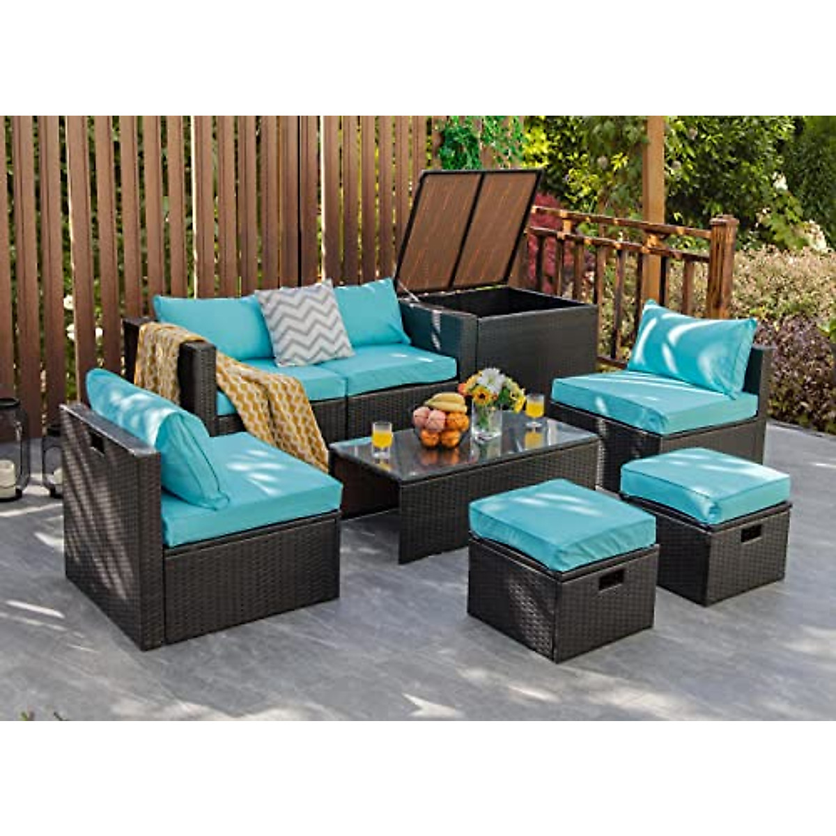 Tangkula 8 Piece Patio Furniture Set, Patiojoy Outdoor Space Saving PE Rattan Sectional Sofa Set for 6 with Waterpfoor Cover, for Garden, Deck, Poolside and Balcony (Turquoise)