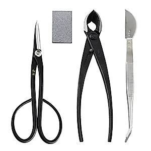 Wazakura 4PCS Bonsai Essential Tool Kit Made in Japan, Yasugi Steel Satsuki Bonsai Scissors + Concave Branch Cutter 8in (200mm) + Stainless Tweezers + Sap Eraser Set