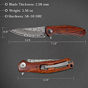 AUBEY Damascus Folding Pocket Knife Handmade with Clip for Men, Damascus Hunting Knife EDC Knife with Liner Lock for Outdoor Survival Camping Collection, Wooden Handle