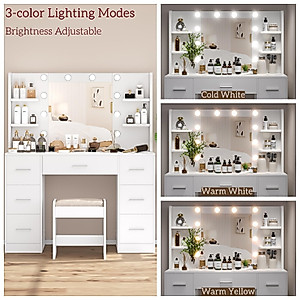 Irontar Vanity Table with Stool, Vanity Desk with 10 LED Lights & 7 Metal Sliding Drawers, Brightness Adjustable, Makeup Vanity with Open Shelves, Dressing Table Set for Women, White WDT005WD