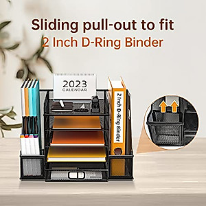 DALTACK Desk Organizer with File Holder, 5-Tier Paper Letter Tray Organizer with Magazine Holder and Drawer, Desk Organizers and Accessories for Office School Supplies, Black, Metal Mesh