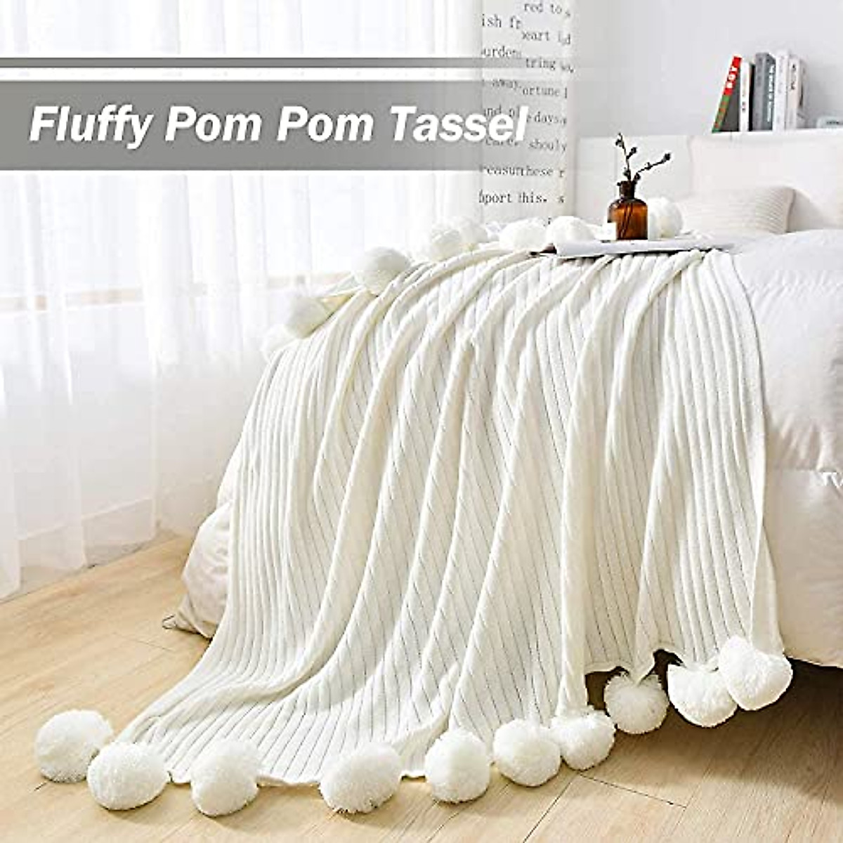 Fomoom Pom Pom Throw Blanket, Knit Blanket with Pompom Tassels, Decorative Cotton Blanket for Easter Gift, Lightweight Pom Poms Knitted Blanket (Off-White, 39"x59")