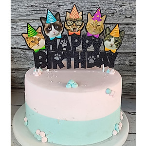 Cat Happy Birthday Cake Topper Cat Theme Party Cake Decoration for Meow Kitty Cat Birthday Party Baby Shower Supplies