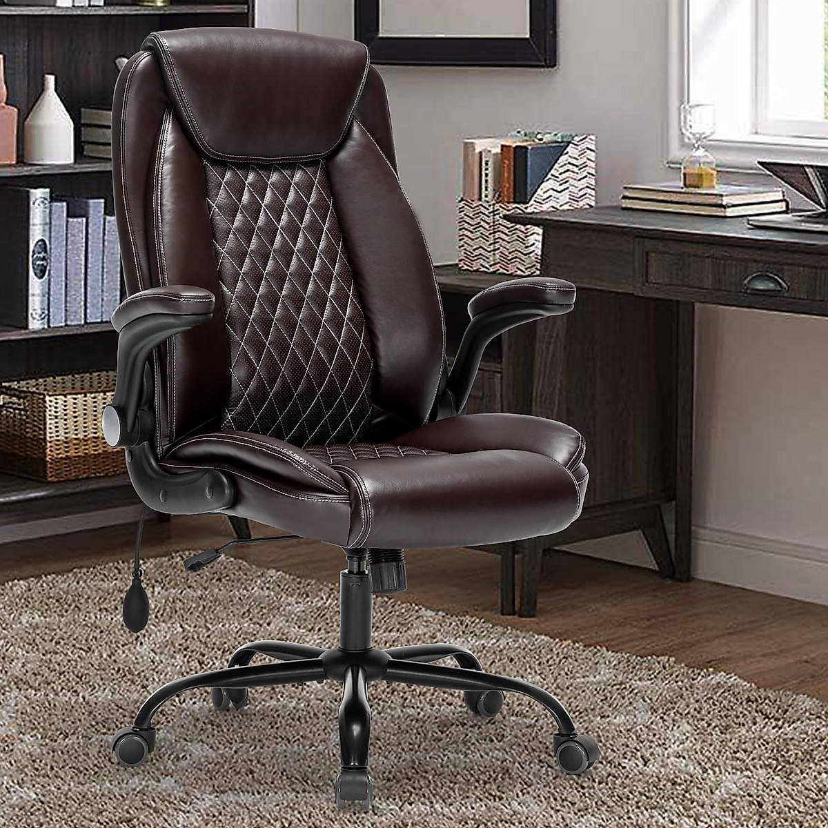 Seevoo Office Chair Desk Chair High Back Computer Chair - Adjustable Lumbar Support with Flip-Up Arms PU Leather Chair with Spring Cushion