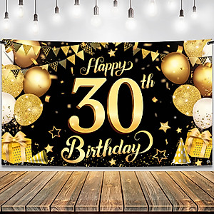 KatchOn, Happy 30th Birthday Backdrop - Large, 72x44 Inch | Black and Gold 30th Birthday Decorations | Happy 30th Birthday Banner for 30th Birthday Party Men, Women