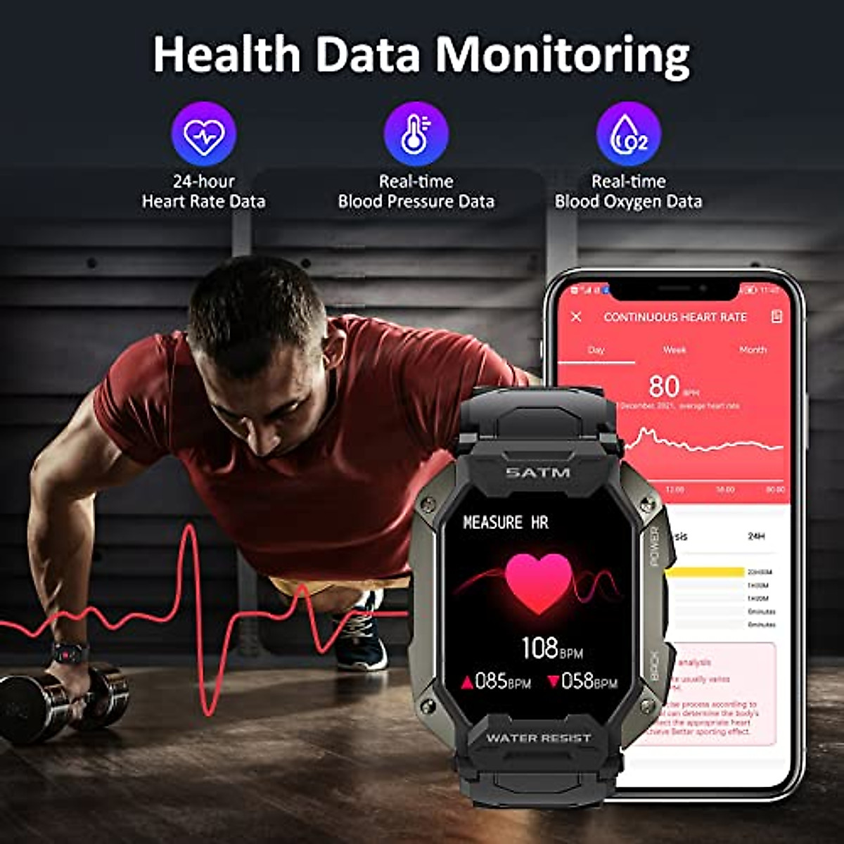 AMAZTIM Smart Watches for MenWomen-5ATM/IP69K Waterproof Fitness Tracker Smart Watch for Android iPhones with Heart Rate Blood Pressure Monitor Watch- 1.71''Tactical Military Sports Smart Watch(Black)