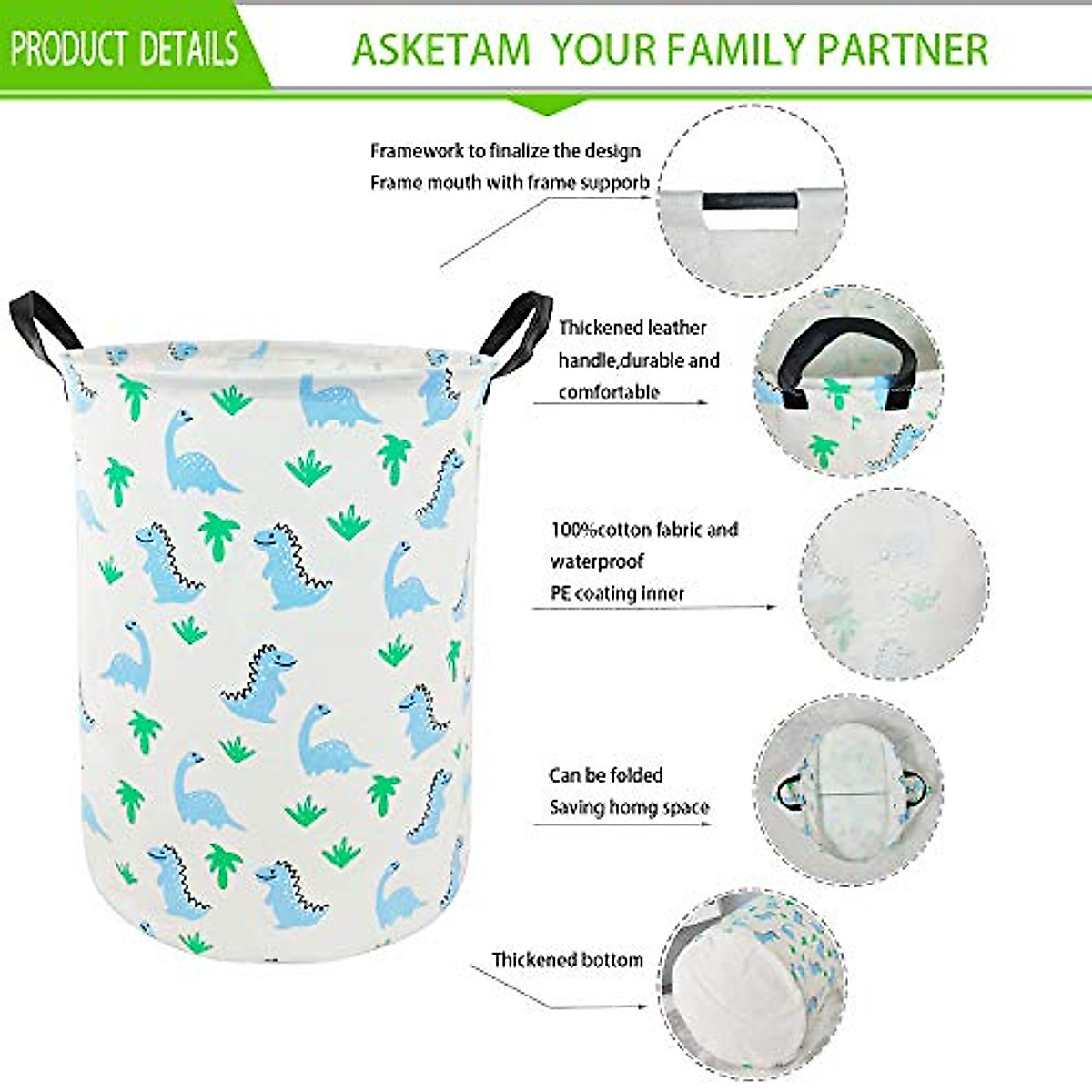 ASKETAM Fabric Laundry Basket Canvas Laundry Hamper for Dirty Clothes Toy Organizer Kid Nursery Room Decor Basket (Blue dinosaur)