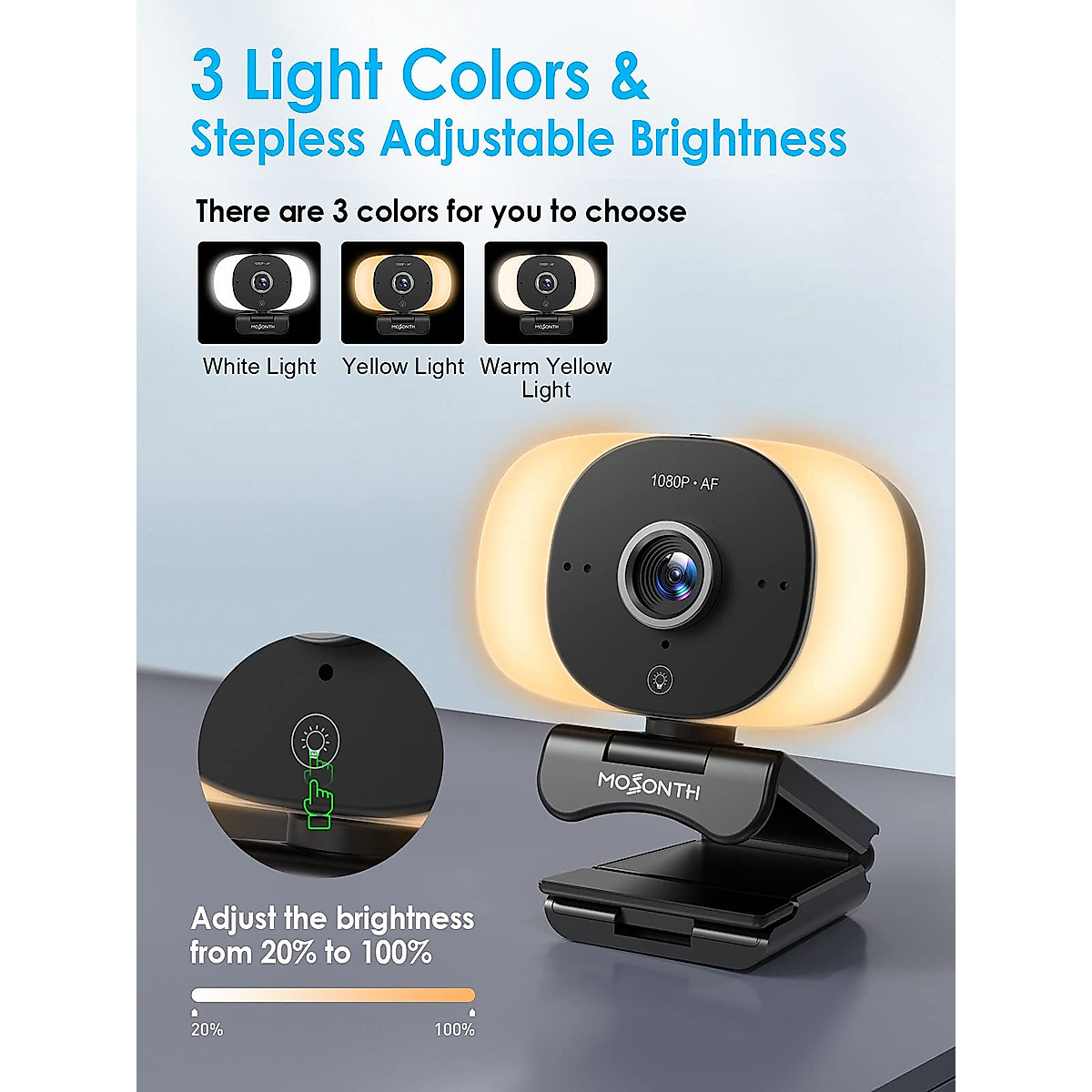 MOSONTH Webcam with Microphone, 60FPS Autofocus Computer Camera with 3 Light Colors, Web Camera with Built-in Privacy Cover, Tripod, Streaming Webcam for Conferencing, Teaching