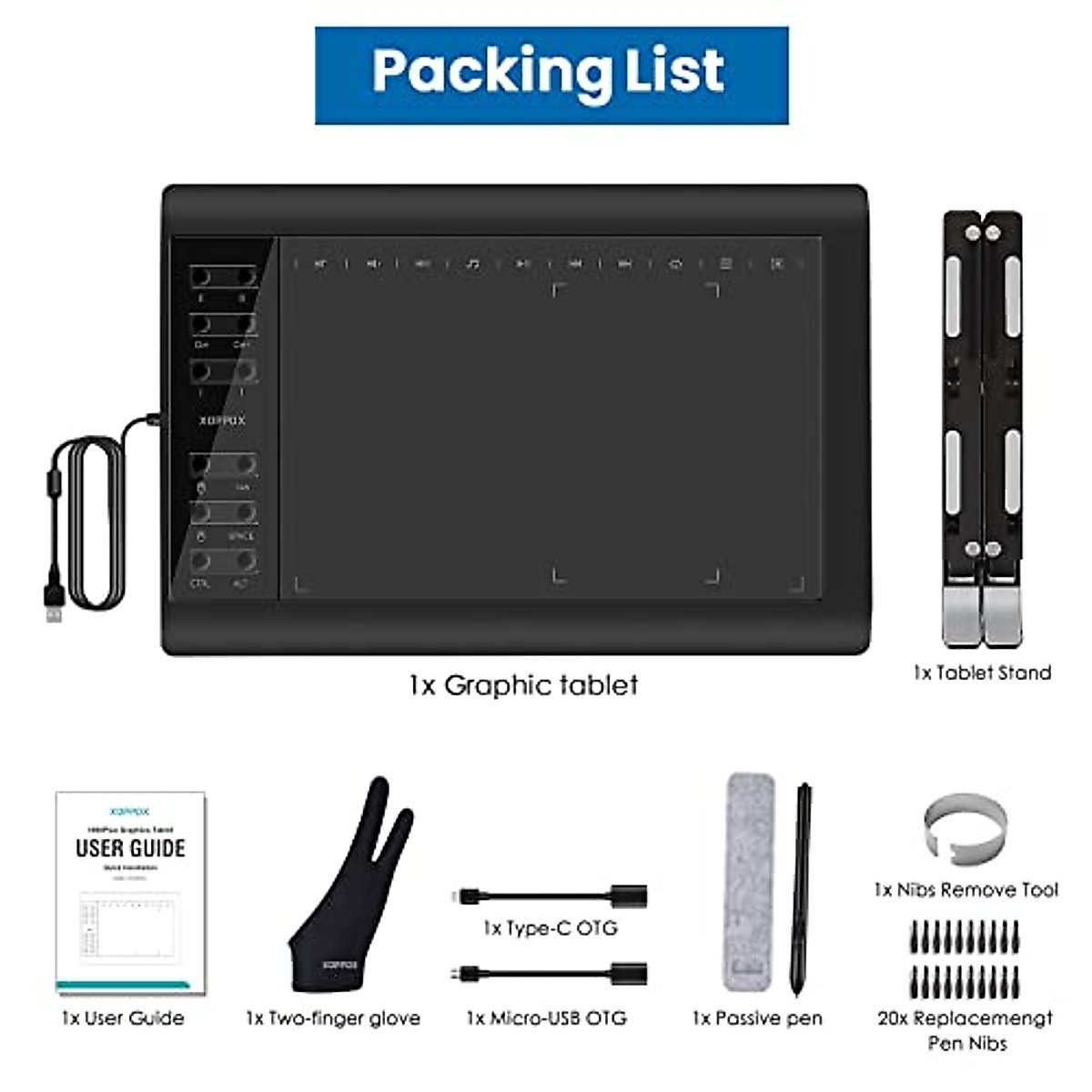 XOPPOX Graphics Drawing Tablet 10 x 6 Inch Large Active Area with 8192 Levels Battery-Free Pen and 12 Hot Keys, Compatible with PC/Mac/Android OS for Painting, Design & Online Teaching