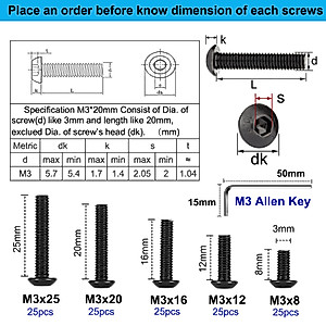HanTof 125PCS Button Head Hex Socket Cap Screws Bolts, Black Grade 10.9 Alloy Steel, Metric M3 x 8/12/16/20/25mm Allen Head Hex Socket Drive Machine Screw Set with Hex Key, Fully Threaded Pitch: 0.5mm