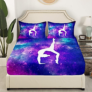 Erosebridal Gymnastic Bed Sheet for Girls Women Gift, Gymnastics Lovers Sheet Set Purple Galaxy Bedding Set Full Size, Tie Dye Glitter Blue Purple Fitted Sheet - Deep Pocket 4 Pcs with 2 Pillowcases