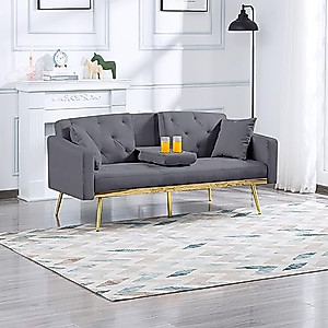 LCH 67.7, Upholstered Convertible Folding Sleeper Sofa Bed with Removable Armrests, Modern Futon Couch for Living Room, Bedroom, 2 Cupholders, Metal Legs, Dark Grey