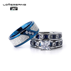 LOVERSRING 3pc Couple Ring Bridal Sets Women White Gold Plated Blue Sapphire Cz Man Titanium Band Wedding Ring for Him and Her