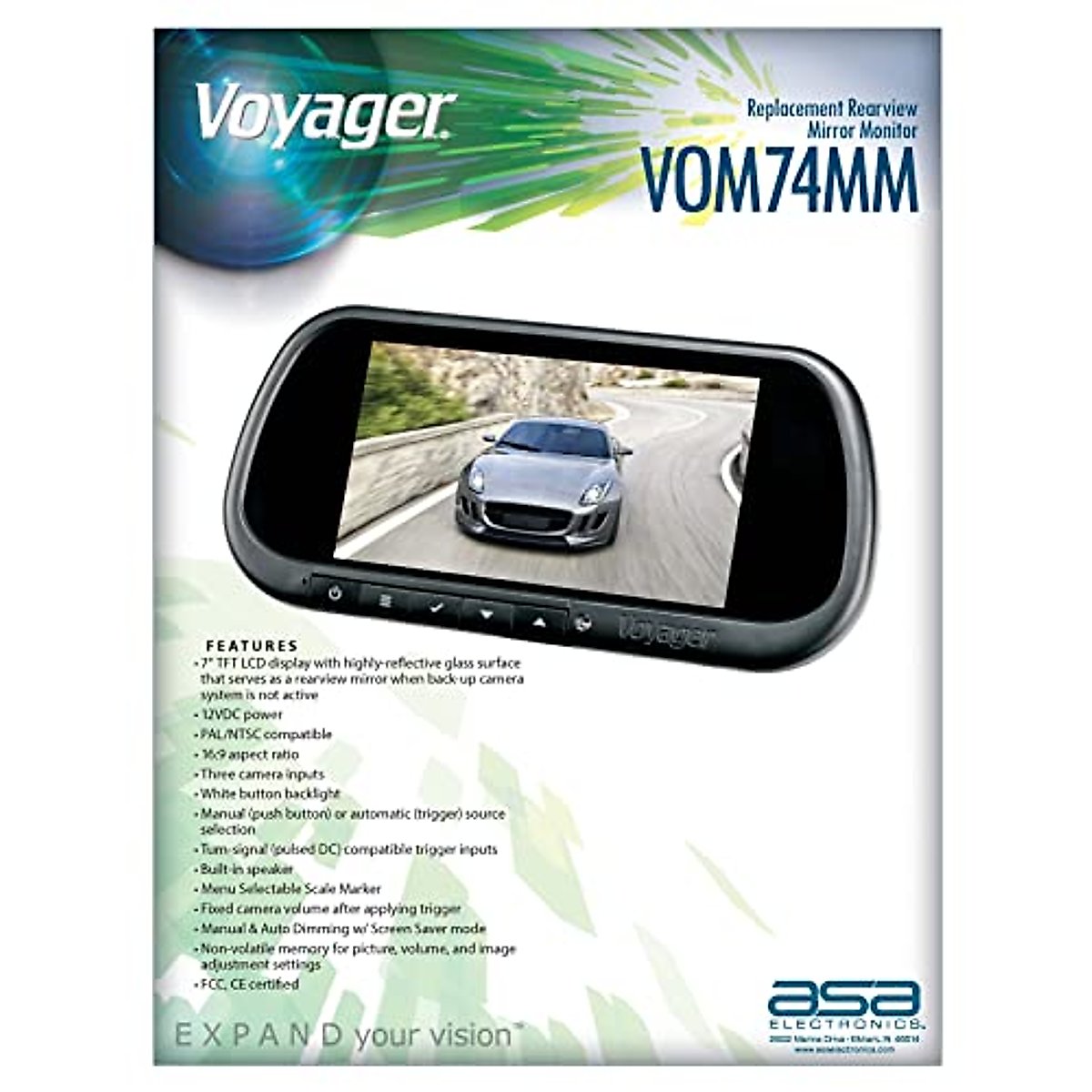 Voyager VOM74MM Rearview Mirror Monitor, 7inch TFT LCD Display w/ Highly-reflective Glass Surface Serving as When Back-Up Camera is not Active, 3 Inputs, Built-In Speaker (Renewed) Black