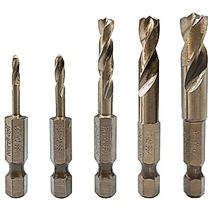 NordWolf 5-Piece M35 Cobalt Stubby Drill Bit Set for Stainless Steel & Hard Metals, with 1/4" Hex Shank for Quick Chucks & Impact Drivers, SAE Sizes 3/32"-1/8"-3/16"-1/4"-5/16" in Storage Case
