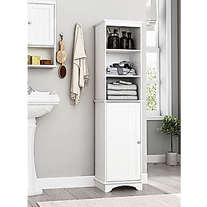 Spirich Home Freestanding Storage Cabinet with Three Tier Shelves, Tall Slim Cabinet, Free Standing Linen Tower, White