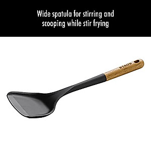 STAUB Wok Spatula, Perfect for Scooping, Flipping, Stirring, and Turning Stir Fries, One Size, Durable BPA-free Matte Black Silicone, Acacia Wood Handles, Safe for Nonstick Cooking Surfaces