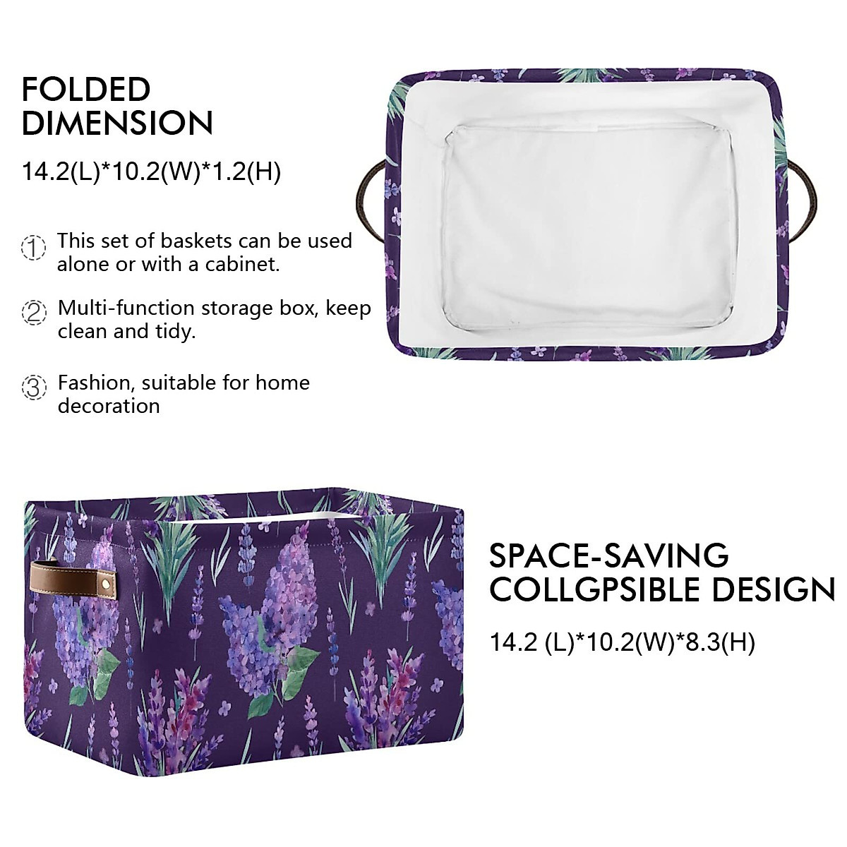 Large Foldable Storage Basket Lavender Flowers Purple Floral Storage Bin Canvas Toys Box Fabric Decorative Collapsible Organizer Bag with Handles for Bedroom Home