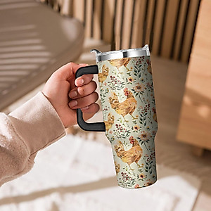 Ksoemar 40 Oz Chicken Tumbler with Handle and Straw, Double Wall Stainless Steel Mug, Insulated Rooster Cup Gifts for Chicken Lovers, Travel Mug