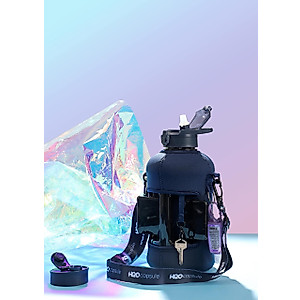 H2O Capsule 2.2L Half Gallon Water Bottle with Storage Sleeve and Covered Straw Lid – BPA Free Large Reusable Drink Container with Handle - Big Sports Jug, 2.2 Liter (74 Ounce) Navy Blue