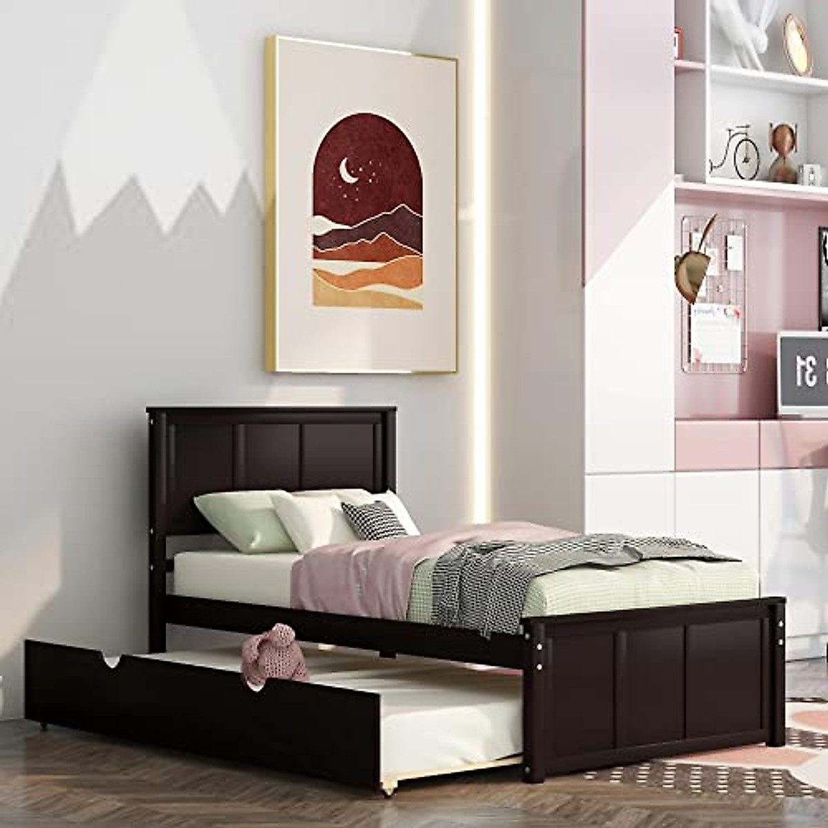 Harper & Bright Designs Twin Bed Frame with Trundle, Kids Platform Twin Bed with Pull Out Trundle,Solid Wood, No Box Spring Needed