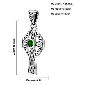 US Jewels Small 925 Sterling Silver Simulated Emerald May Birthstone Celtic Knot Cross Pendant, 23mm