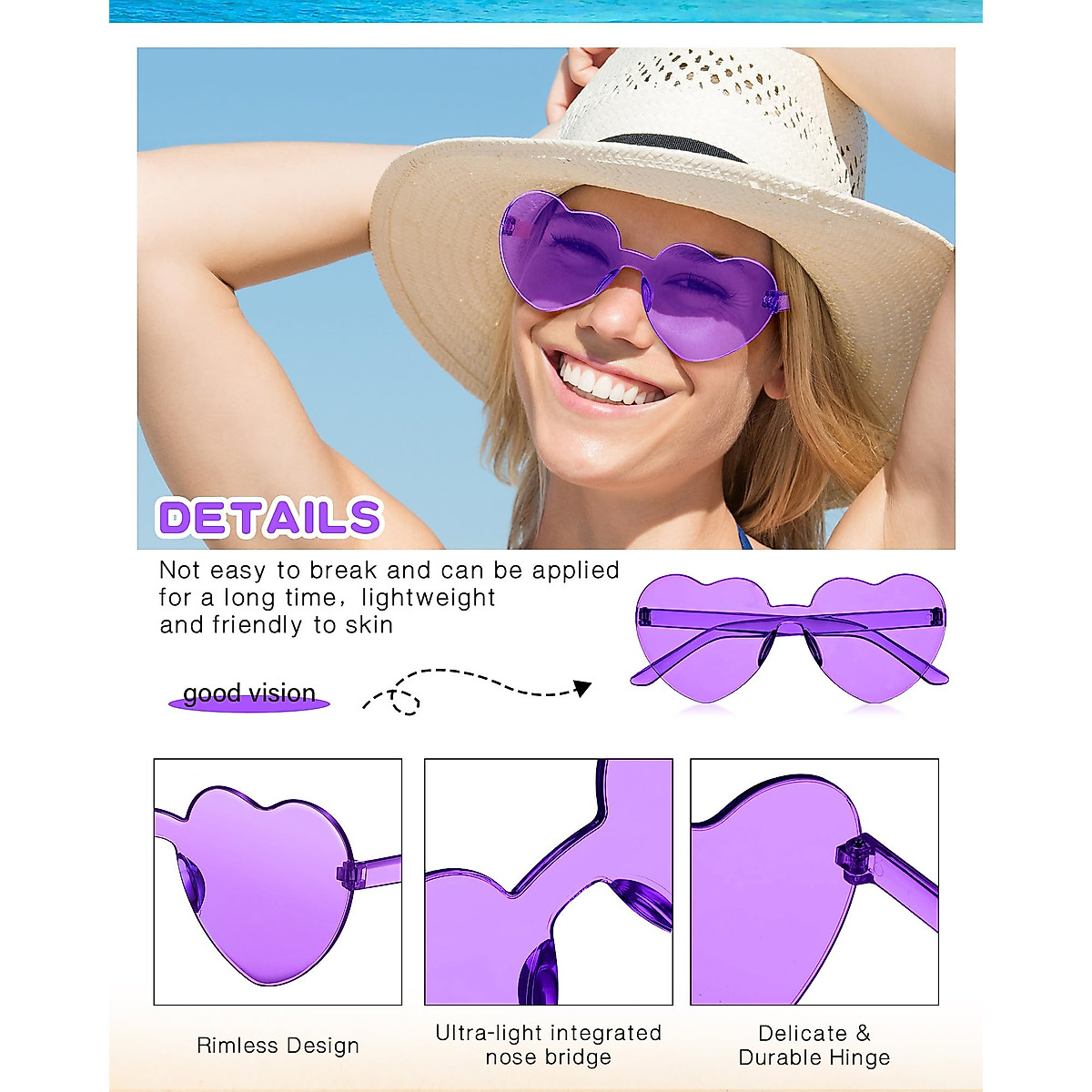 Colzzy 24 Pair Heart Shaped Rimless Sunglasses Transparent Candy Color Frameless Glasses Tinted Eyewear(Bright Colors)