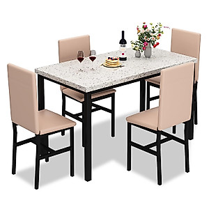 AWQM White Faux Marble Dining Table with 4 Upholstered Chairs, 5-Piece Dining Room Table Set for Small Space, Breakfast Table Bar Table and Chairs Set for 4, Home & Kitchen Set
