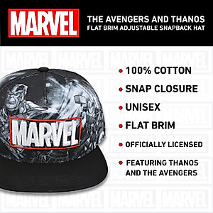 Marvel The Avengers and Thanos Baseball Hat, Flat Brim Adult Adjustable Snapback Ball Cap, Black, One Size