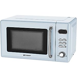 Emerson .7 Cu Ft Retro Digital Microwave Oven, 700W with 5 Micro Power Levels, 8 Pre-Programmed Settings, Express & Defrost, Chrome Handle & Control Buttons, Timer & LED Display, Retro Blue