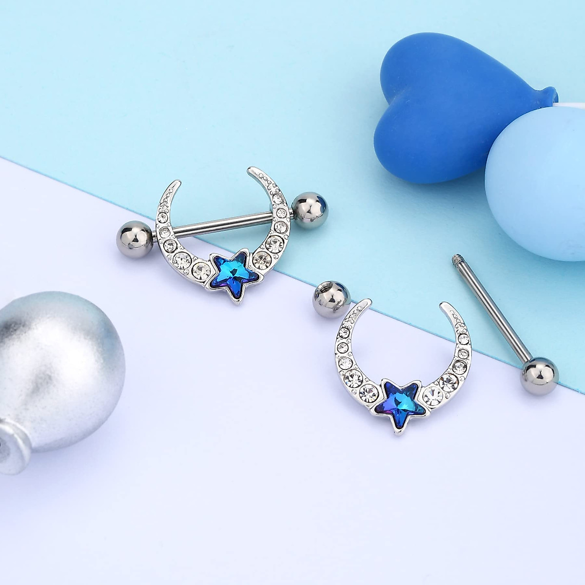 Melighting 14G Nipple Piercing Jewelry, 316L Surgical Steel Barbell with Clear CZ Moon Blue Star, Unisex Piercing Jewelry for Women and Men
