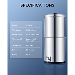 CO-Z Gravity-Fed Water Filter System, 2.25 Gallons Countertop Water Filtration System, 304 Stainless Steel Gravity Water Purifier with 2 Carbon Filters & Water Spigot, NSF/ANSI 42 Certification
