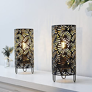 JHY DESIGN Set of 2 Metal Lamp Battery Powered 9''High Accent Cordless Lamp with LED Bulb Huge Fan Patterned Battery Lamp for Weddings Parties Patio Garden Indoors Outdoors Table Bed Room