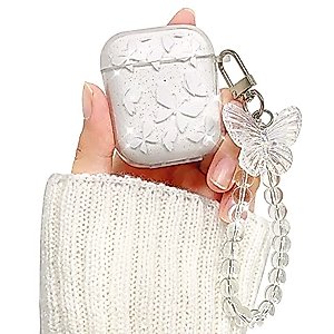 Lovmooful Compatible with AirPods Case Cute Clear Glitter Butterfly Pattern with Lovely Pearl Chain Design for Women Girls Soft TPU Shockproof Protective Cover Case for Airpods 2&1- Butterfly