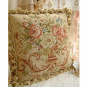 GoldenAppleArt 16" Elegant Roses in Urn Vintage Handmade Aubusson Design Needlepoint Pillow