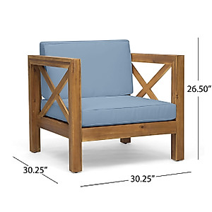 GDFStudio Outdoor Acacia Wood Club Chairs with Cushions (Set of 2), Teak Finish and Blue