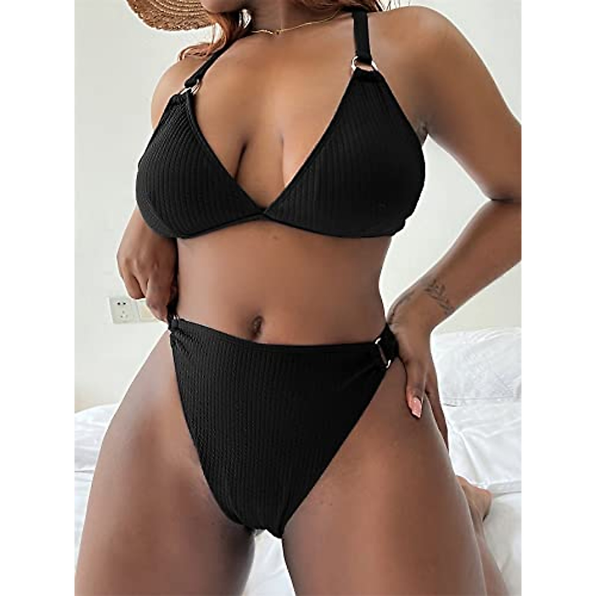 Floerns Women's Plus Size V Neck Triangle Bikini Set Ribbed 2 Piece Bathing Suit Black 2XL